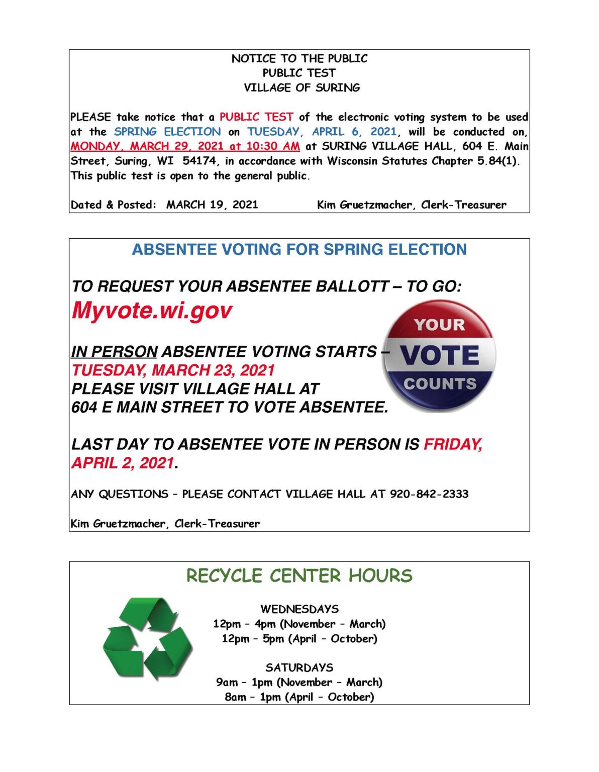 Village of Suring March 2021 Notices – Village of Suring, Oconto County ...
