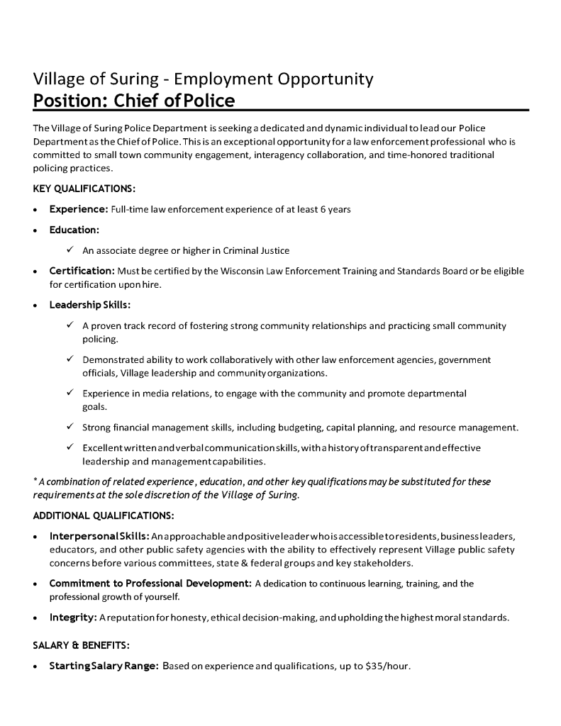 Employment Opportunities – Village of Suring, Oconto County, Wisconsin